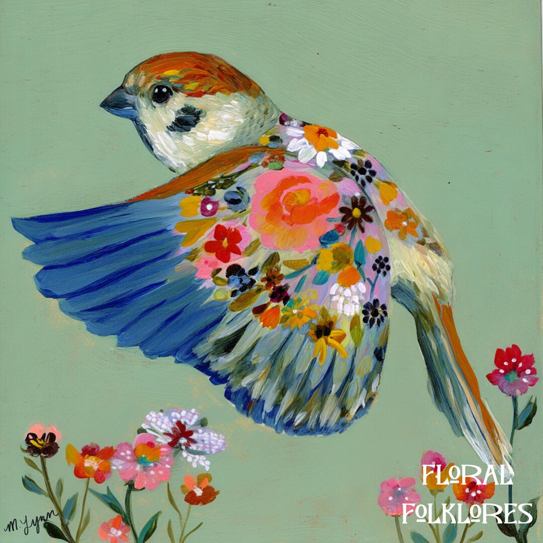 Whimsical Floral Sparrow Print, Bird Art, Contemporary Art, Painting ...