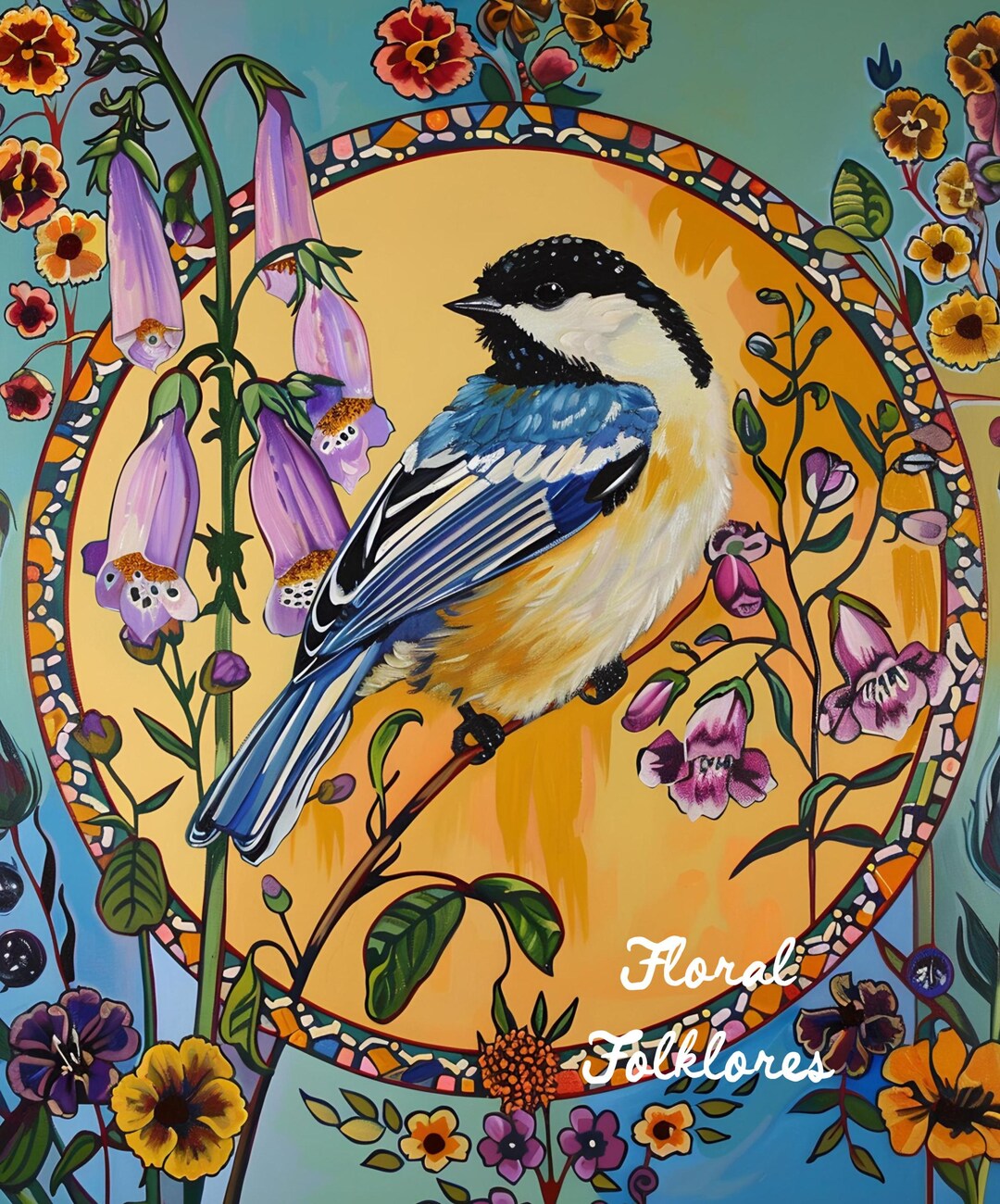 Boho Botanical Chickadee Print, Whimsical Bird Art, Contemporary Bird ...