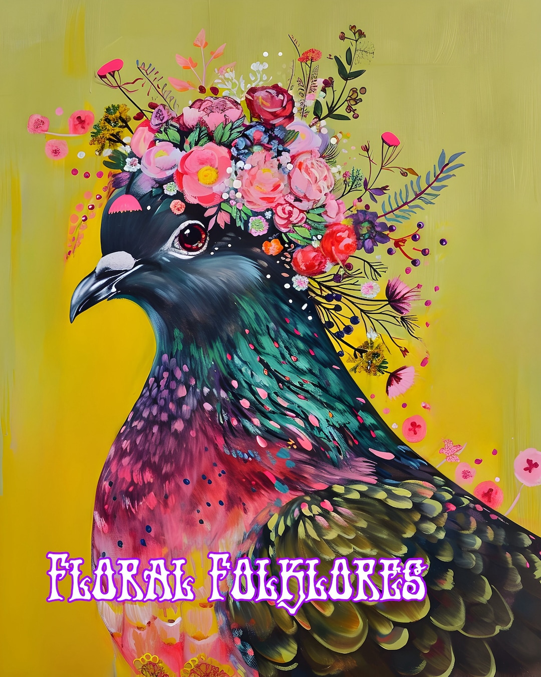 Boho Pigeon Botanical Floral Print, Show off Series, Whimsical Bird Art ...
