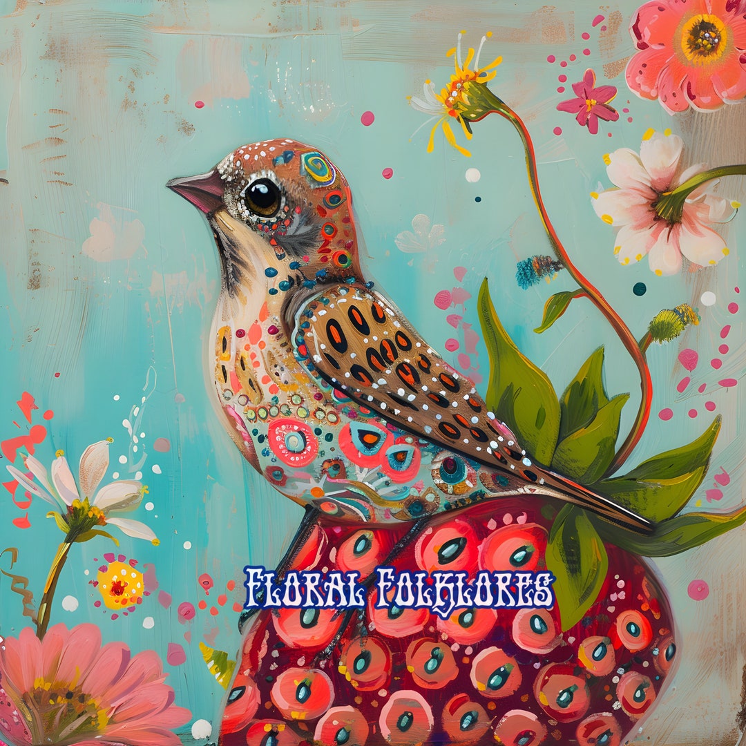 Strawberry & Sparrow Whimsical Bird Print , Whimsical Bird Art ...