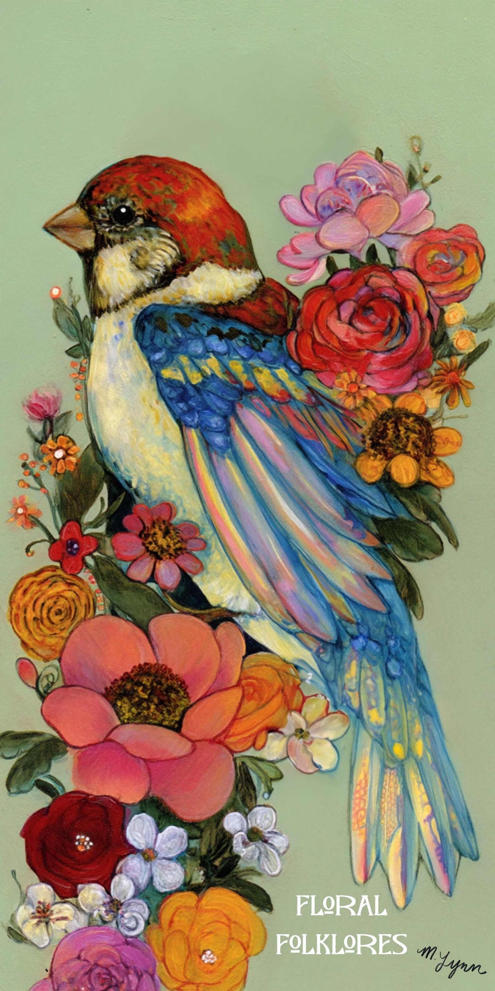 Whimsical Floral Sparrow Print, Bird Art, Contemporary Art, Painting ...