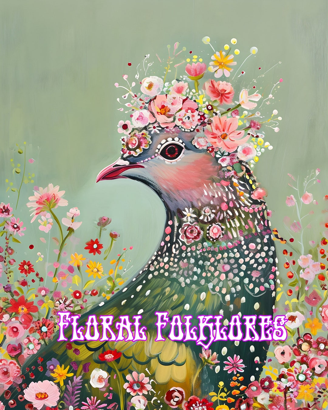 Boho Pigeon Botanical Floral Print, Show off Series, Whimsical Bird Art ...