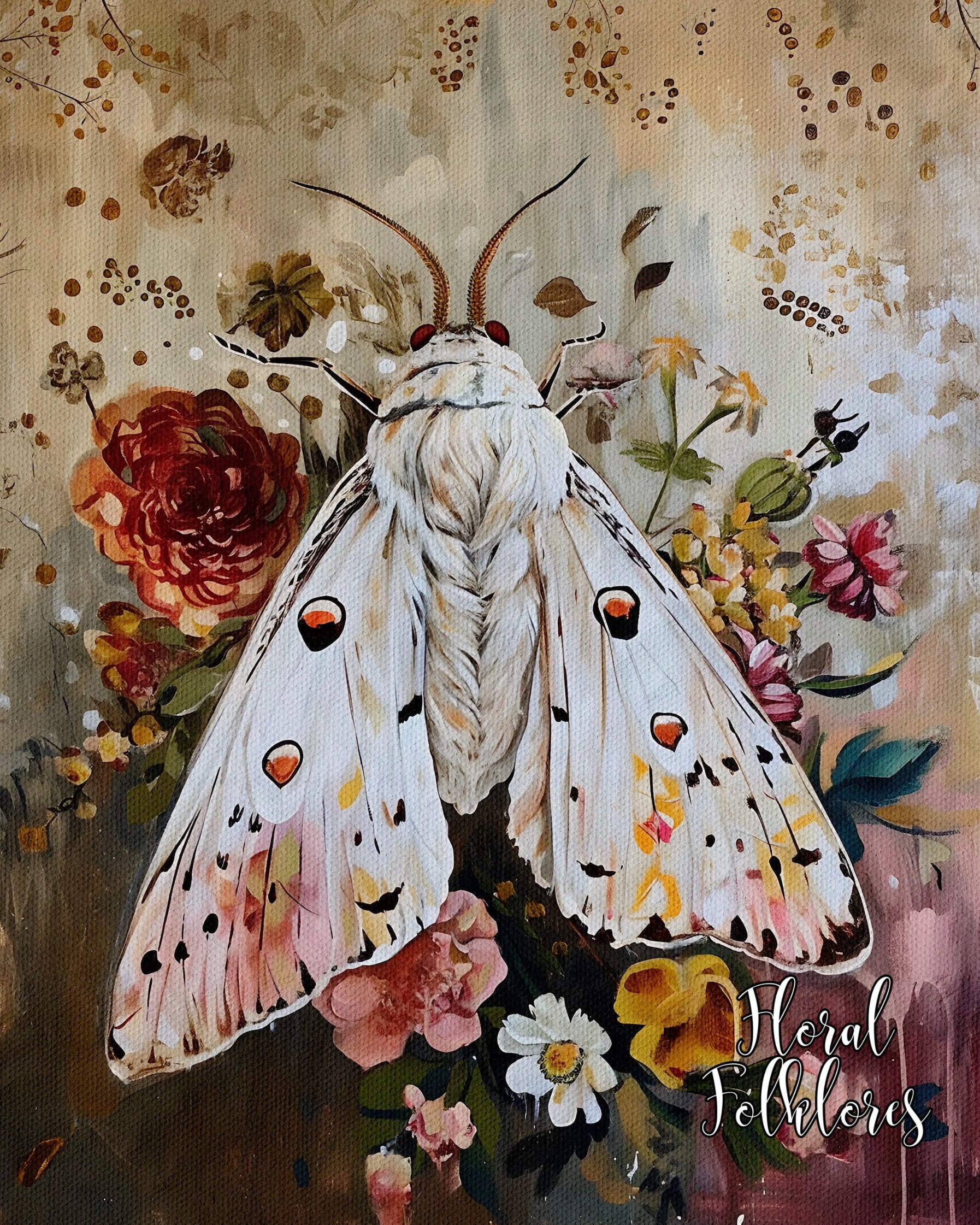 Whimsical Floral White Moth Print , Whimsical Moth Art, Contemporary ...