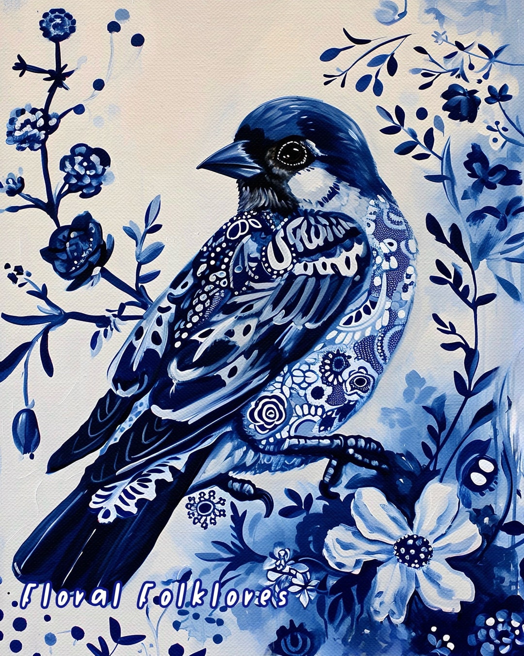 Sparrow Print Chinoiserie Blue, Delft Blue Bird Artwork, Dutch Blue ...