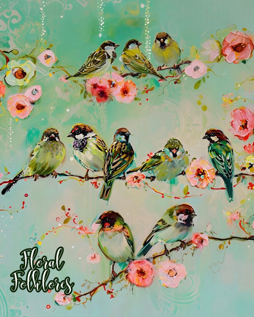 The Flock - Sparrow Botanical Floral Print, Whimsical Art, Whimsical ...