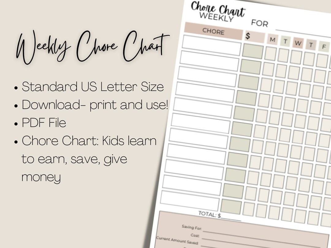 Chore Chart for Kids, Weekly Chore Chart, Teach Kids to Earn, Save ...