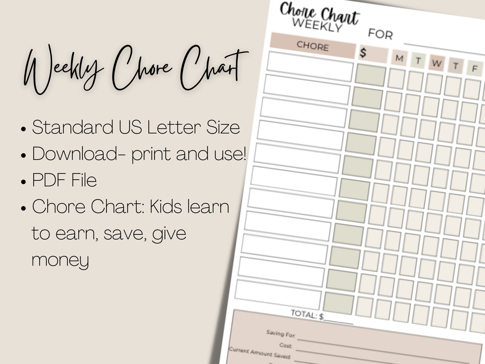 Chore Chart for Kids, Weekly Chore Chart, Teach Kids to Earn, Save ...