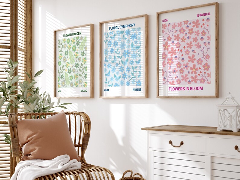 Personalized Vibrant Flower Wall Art Set of 3 Colorful Printable Flower ...