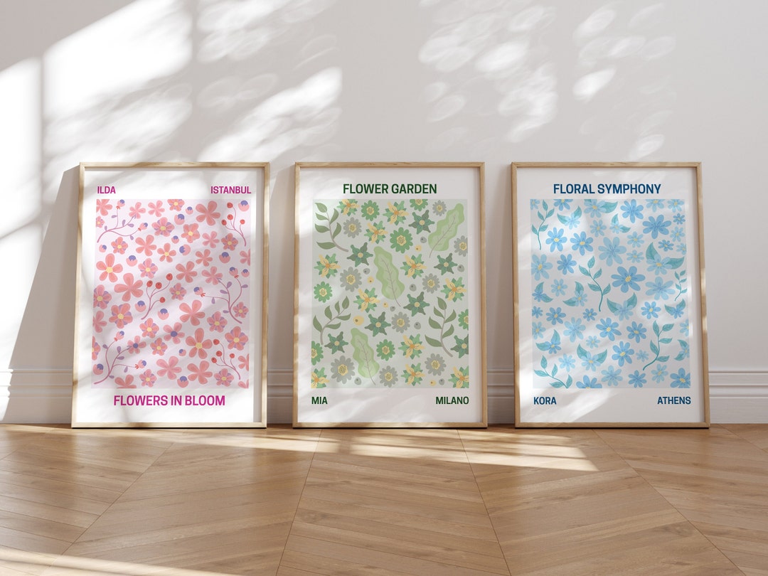 Personalized Vibrant Flower Wall Art Set of 3 Colorful Printable Flower ...