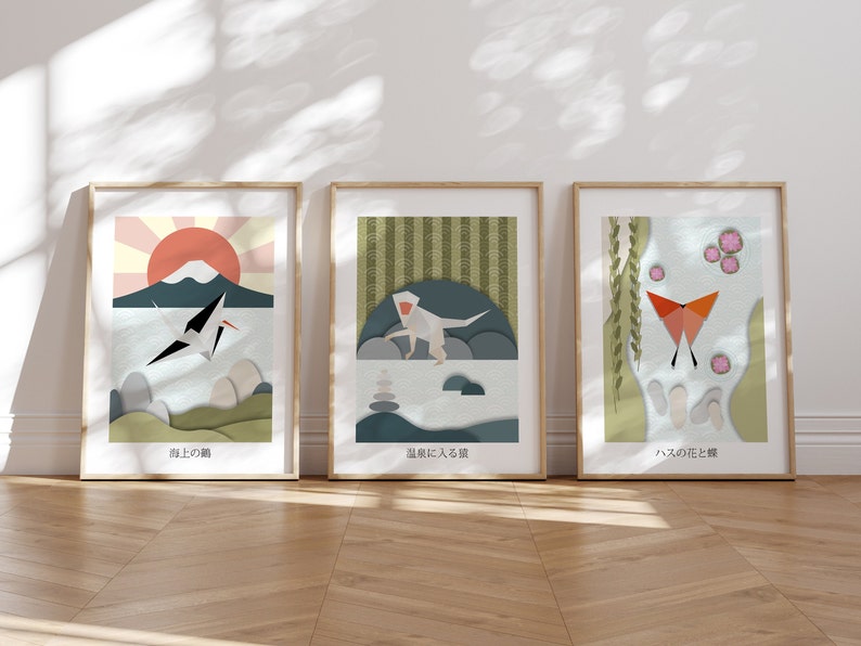 Japanese Style Minimalistic Poster Set of 5 Symbolic Japanese Animals ...