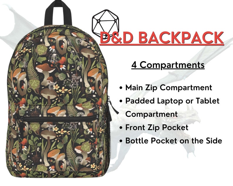 D20 Druid Mushroom Floral Pattern Dungeons and Dragons Backpack, Perfect for Back to School, Dnd ...