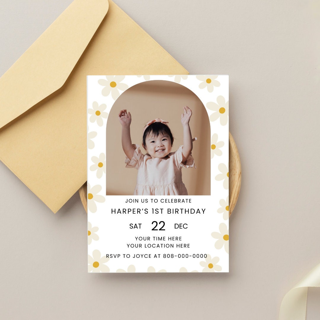 EDITABLE Cute Daisy First Birthday Invite, First Birthday Invitation ...