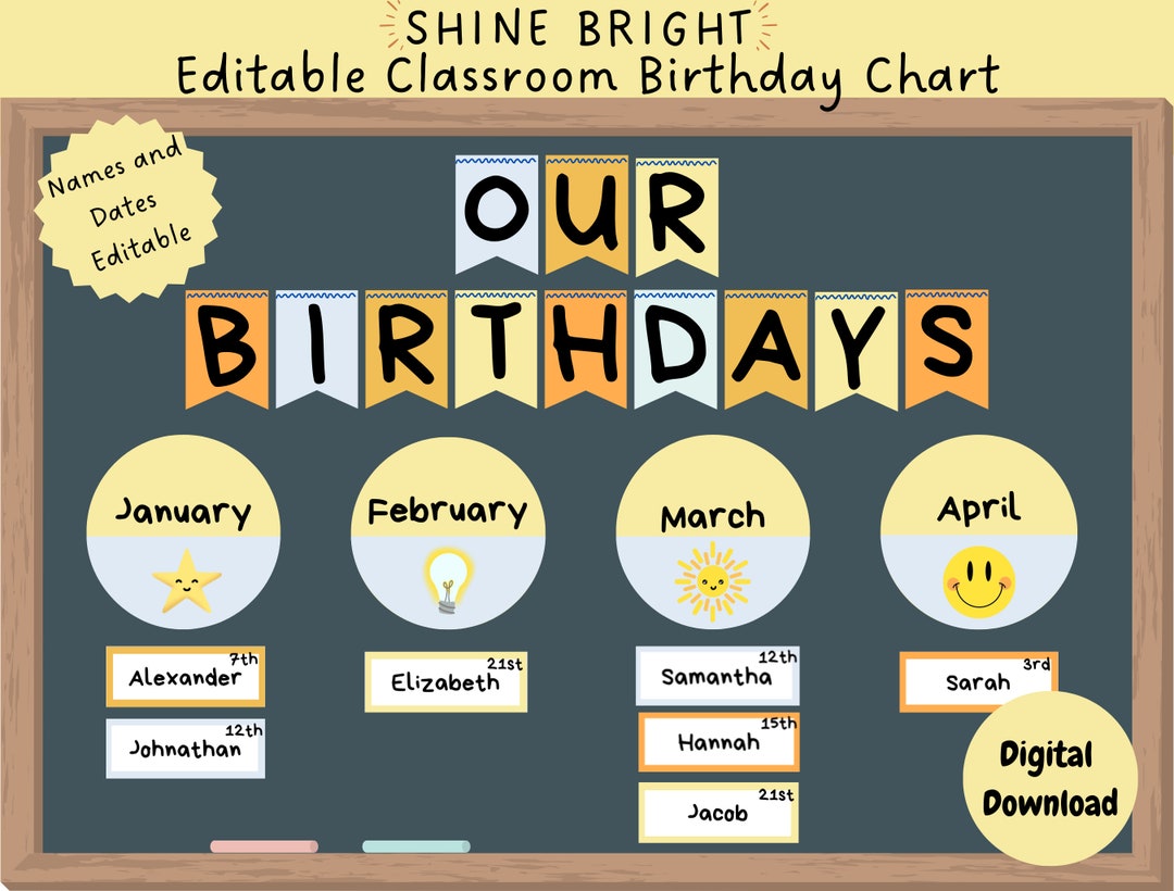 Shine Bright Class Birthday Chart, Student Birthday Display, Classroom ...