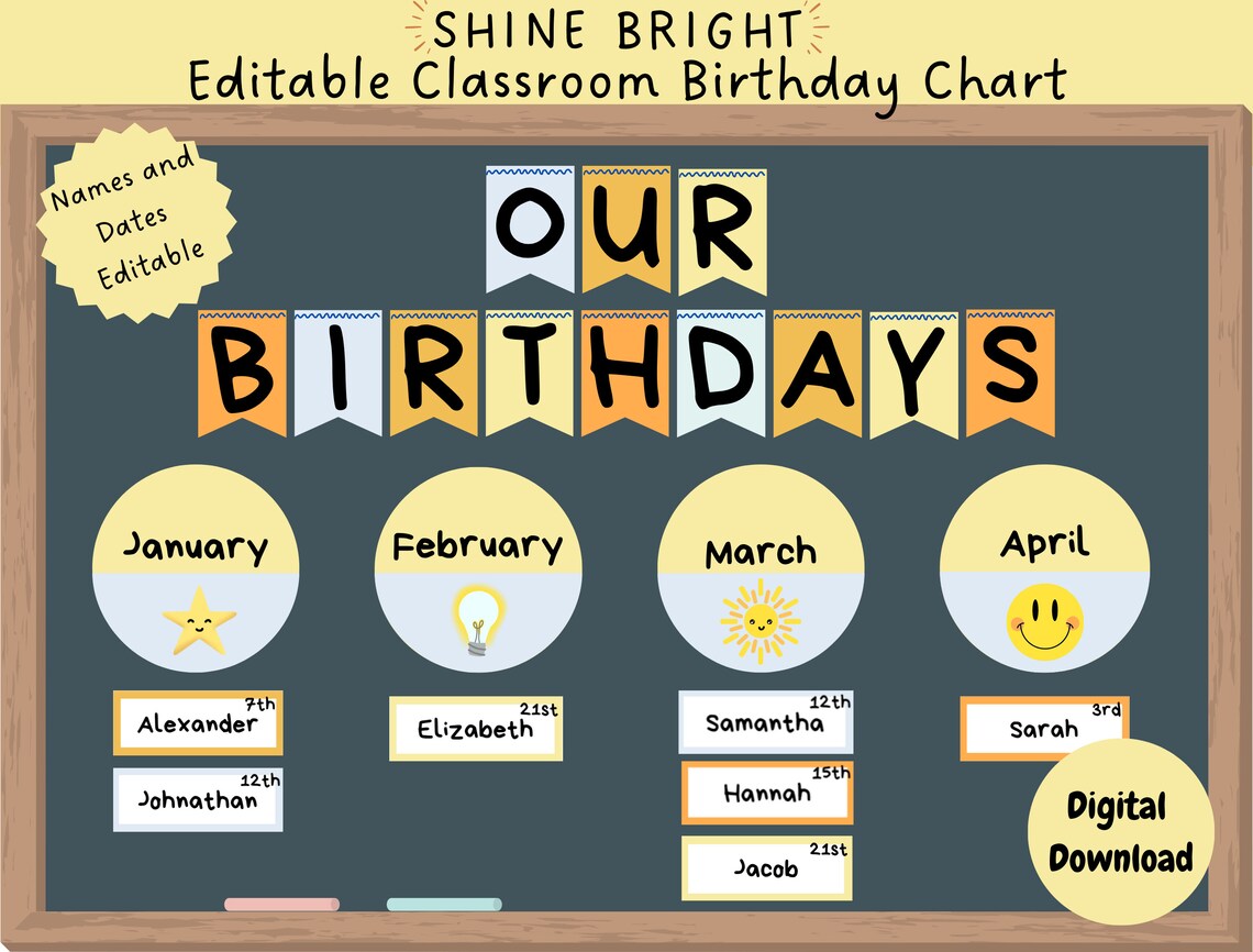 Shine Bright Class Birthday Chart, Student Birthday Display, Classroom ...