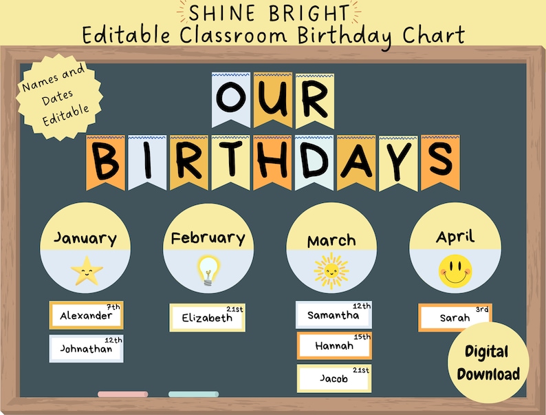 Shine Bright Class Birthday Chart, Student Birthday Display, Classroom ...
