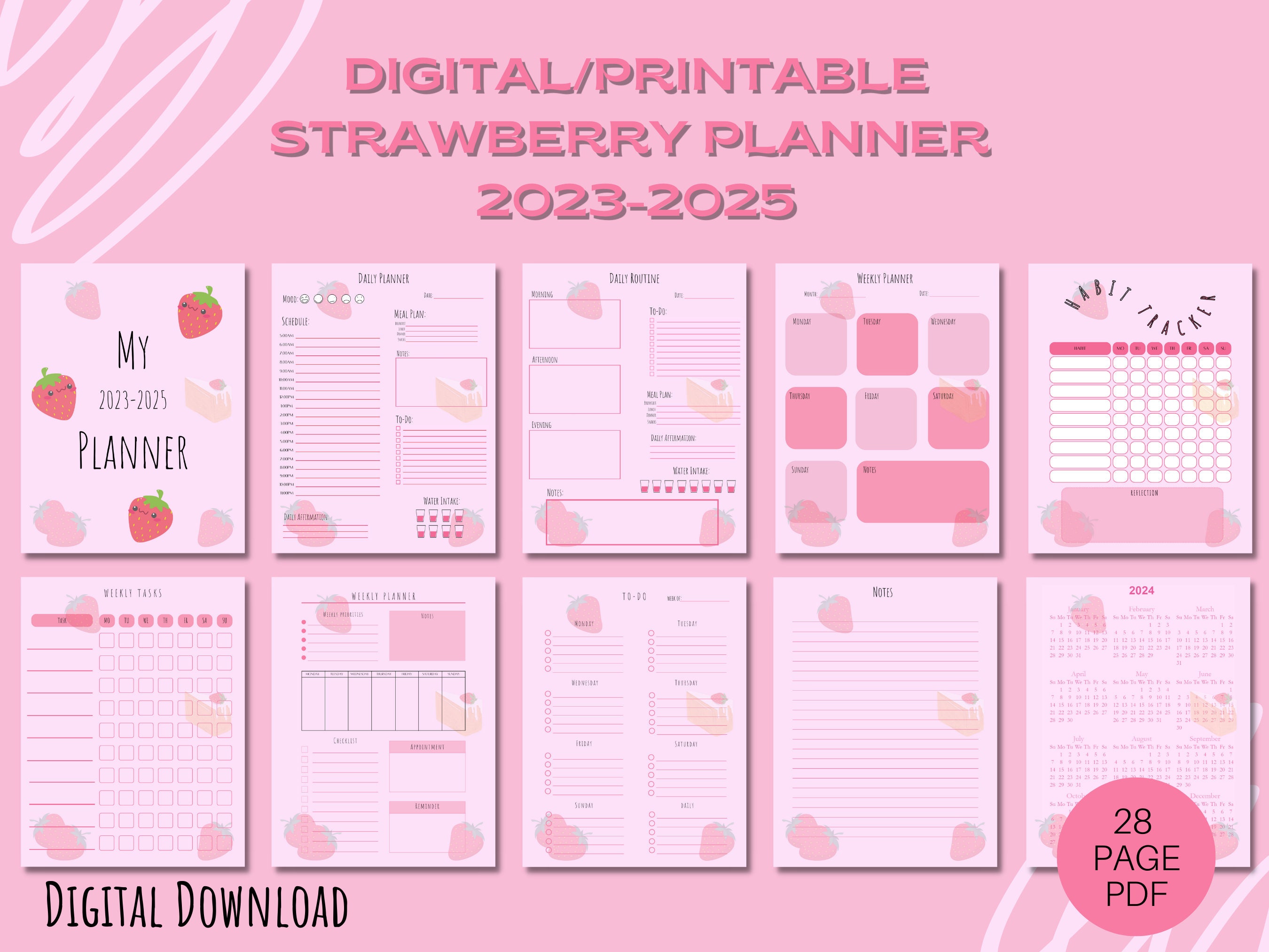 Strawberry Printable Planner, 2023-2025 Planner, Cute Digital Planner ...
