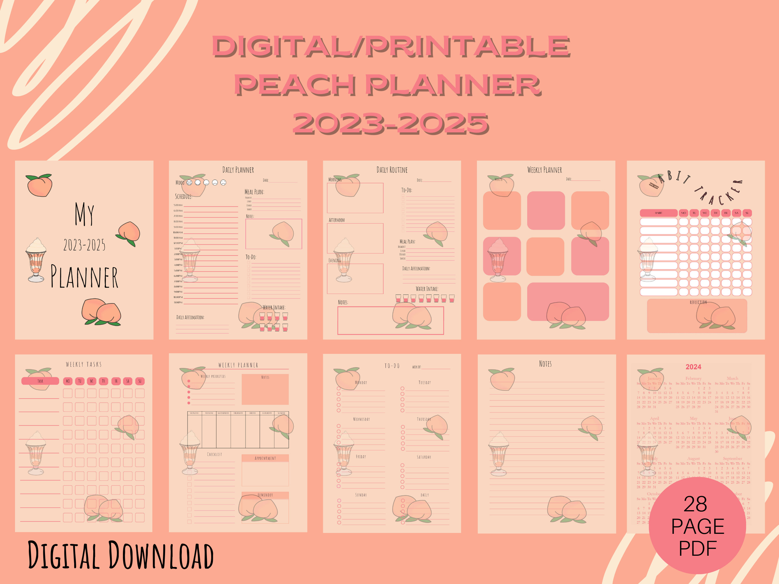 Peach Printable Planner, 2023-2025 Planner, Cute Digital Planner ...