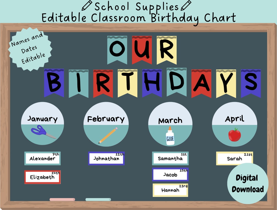 School Supplies Birthday Chart, Student Birthday Display, Classroom ...