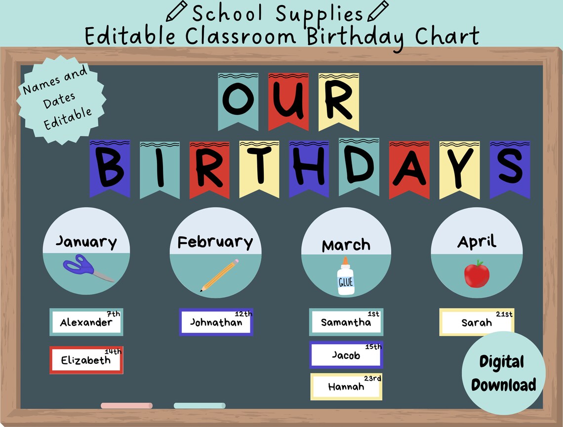 School Supplies Birthday Chart, Student Birthday Display, Classroom ...