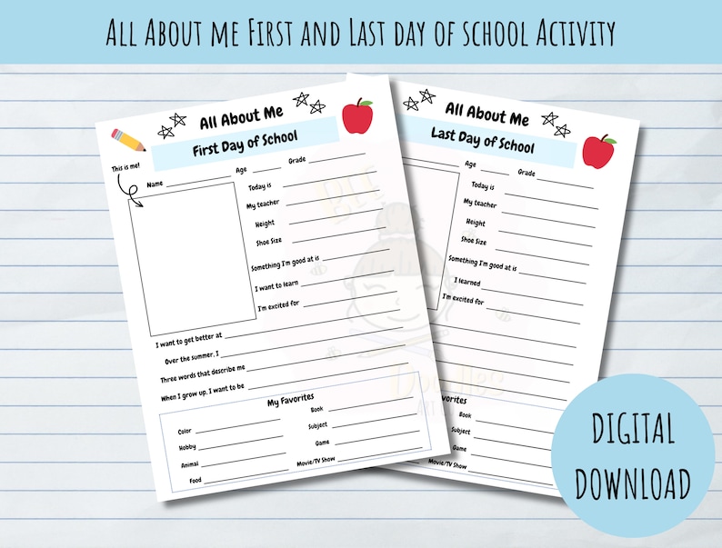 First and Last Day of School All About Me Activity Sheets, Back to ...