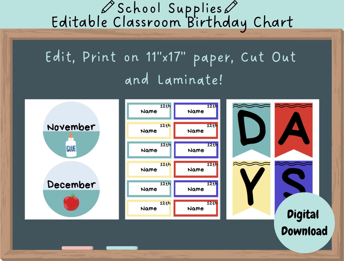 School Supplies Birthday Chart, Student Birthday Display, Classroom ...