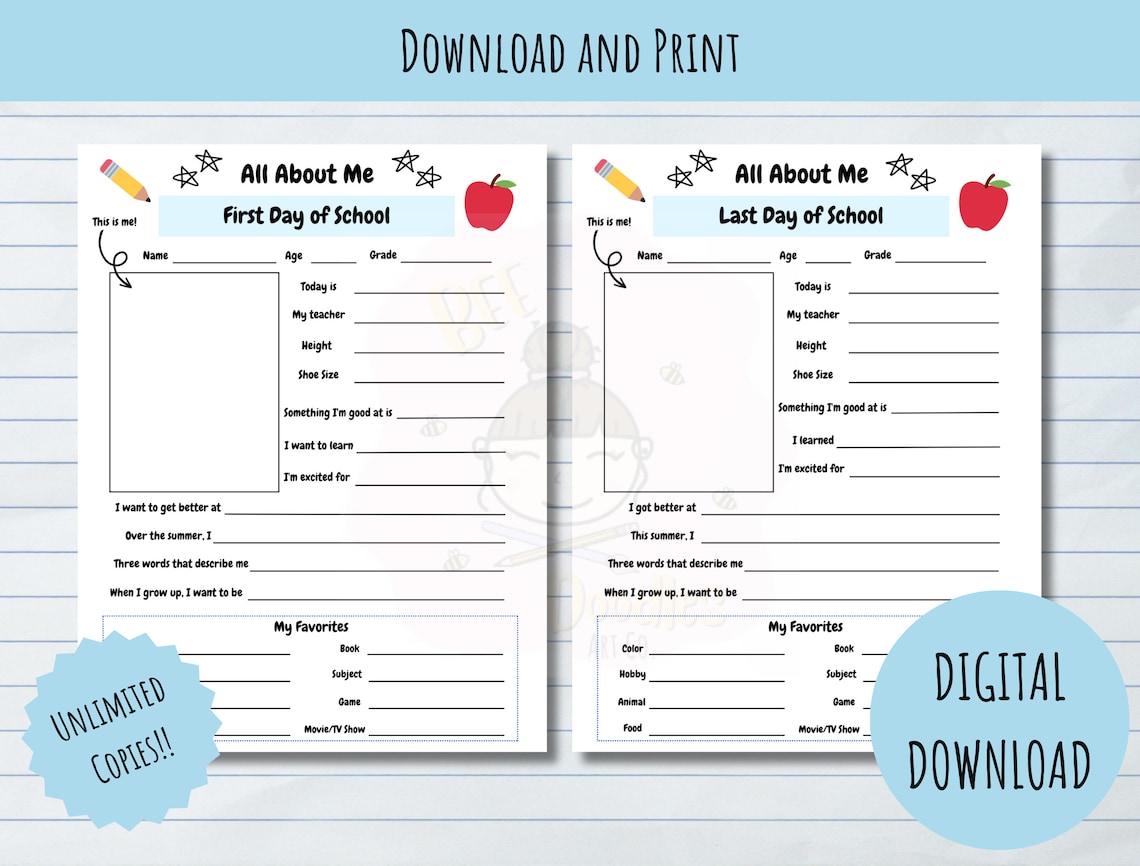 First and Last Day of School All About Me Activity Sheets, Back to ...