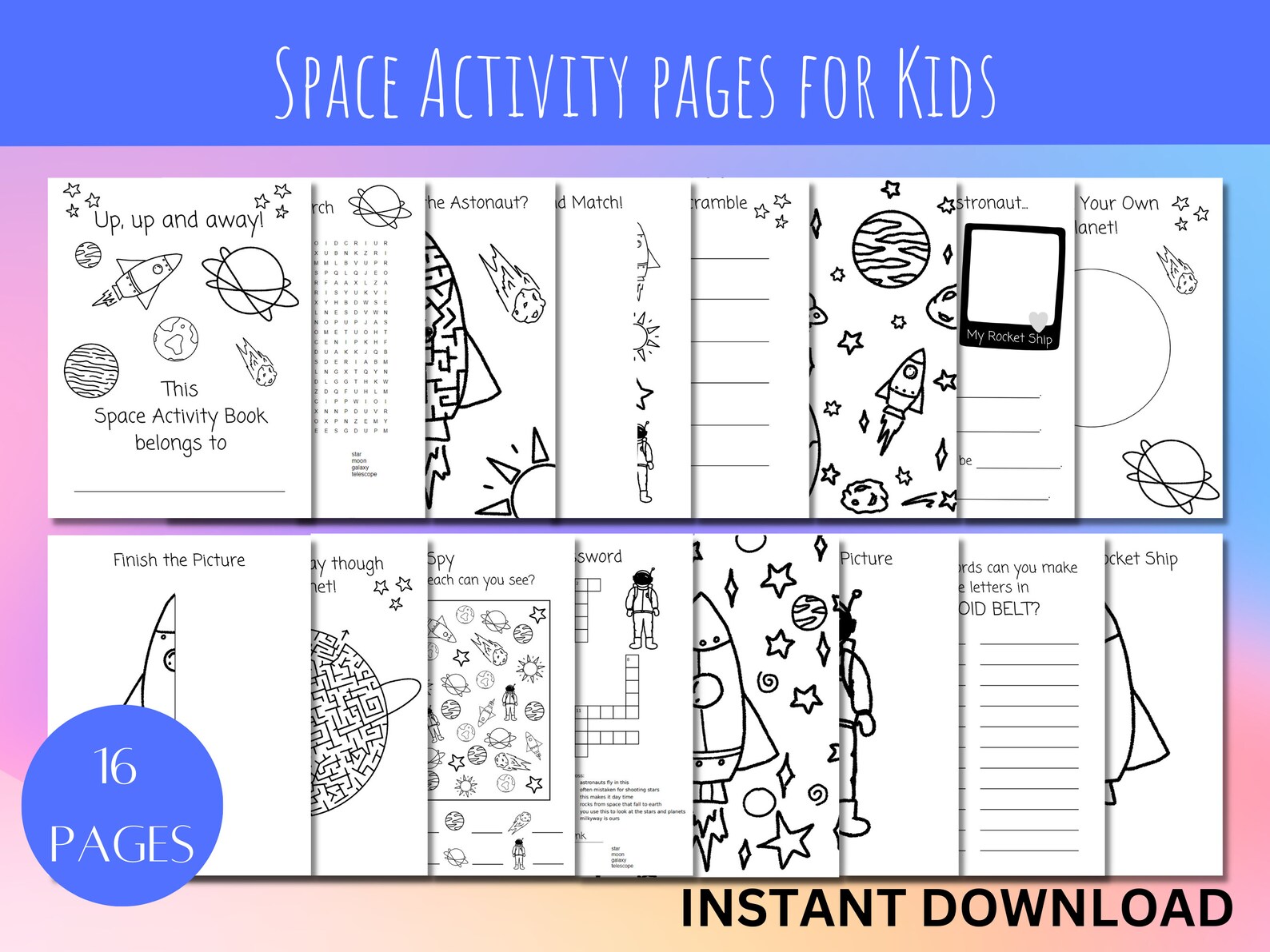 Space Activity Book for Kids, Birthday Activity Pages, Kid's Party Game ...