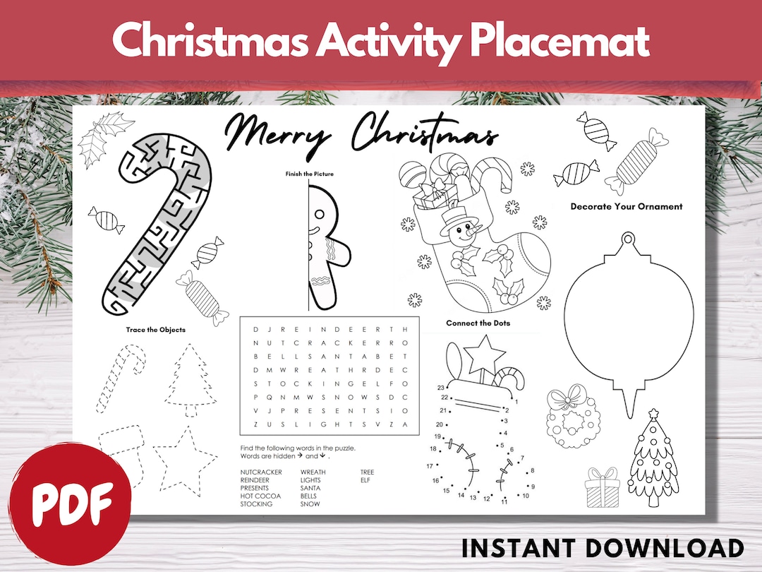 Kid's Christmas Activity Mat, Christmas Coloring Placemat, Christmas ...