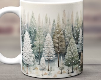 Three Pines Evergreen Trees in Greens & Blues White Ceramic 11 Oz ...