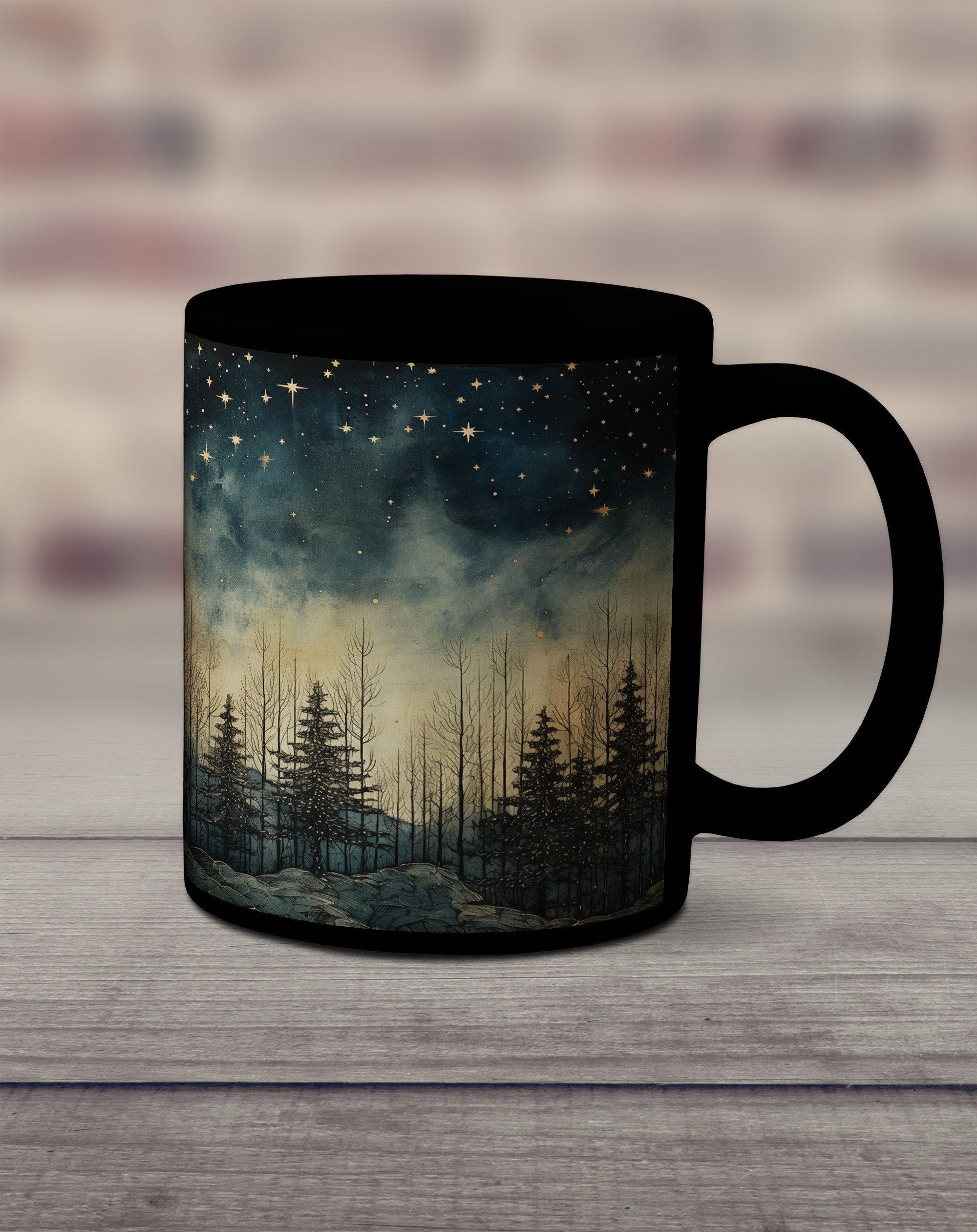 Forest Under the Stars Mug, Evergreen Forest at Night Ceramic Mug ...