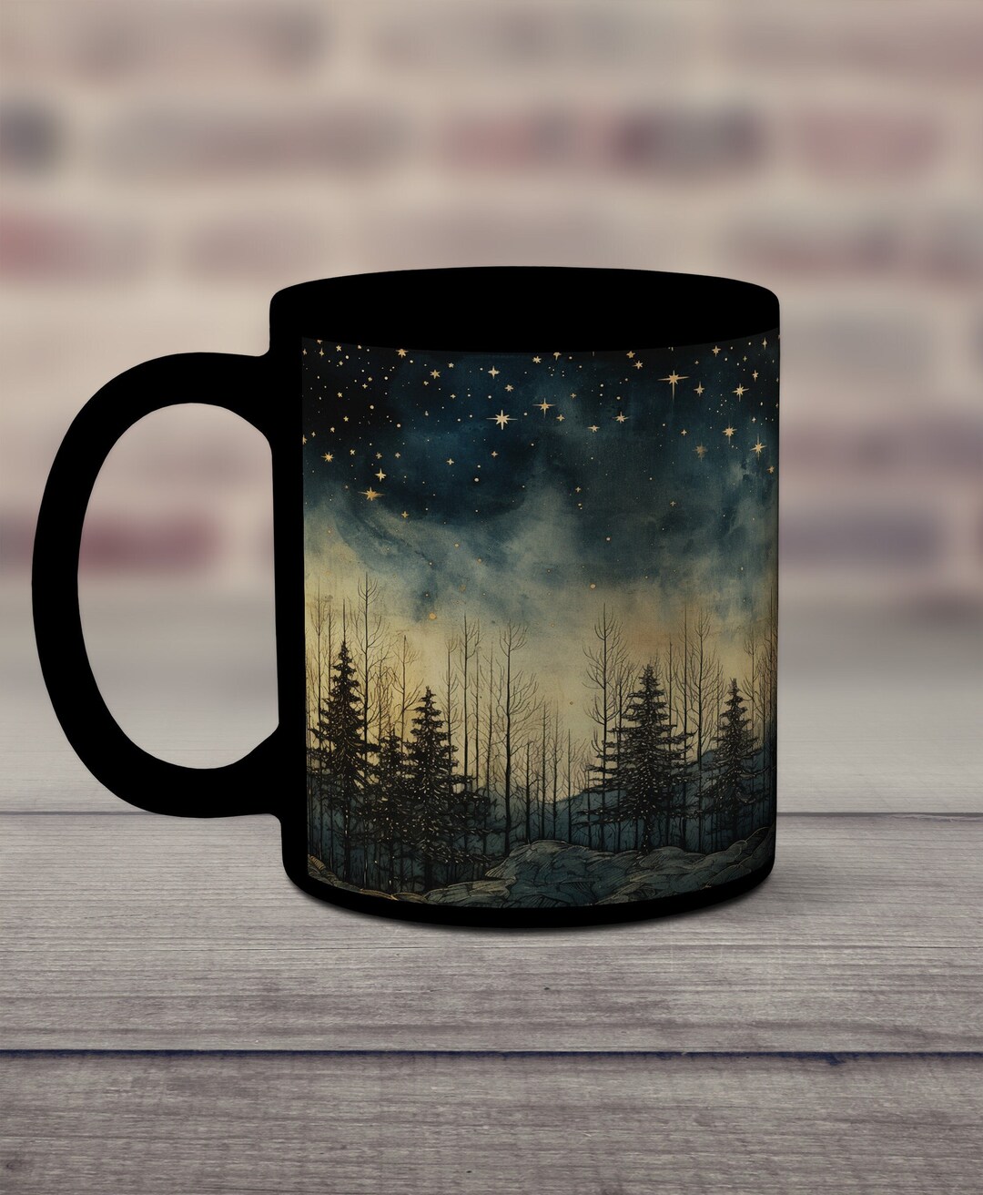Forest Under the Stars Mug, Evergreen Forest at Night Ceramic Mug ...