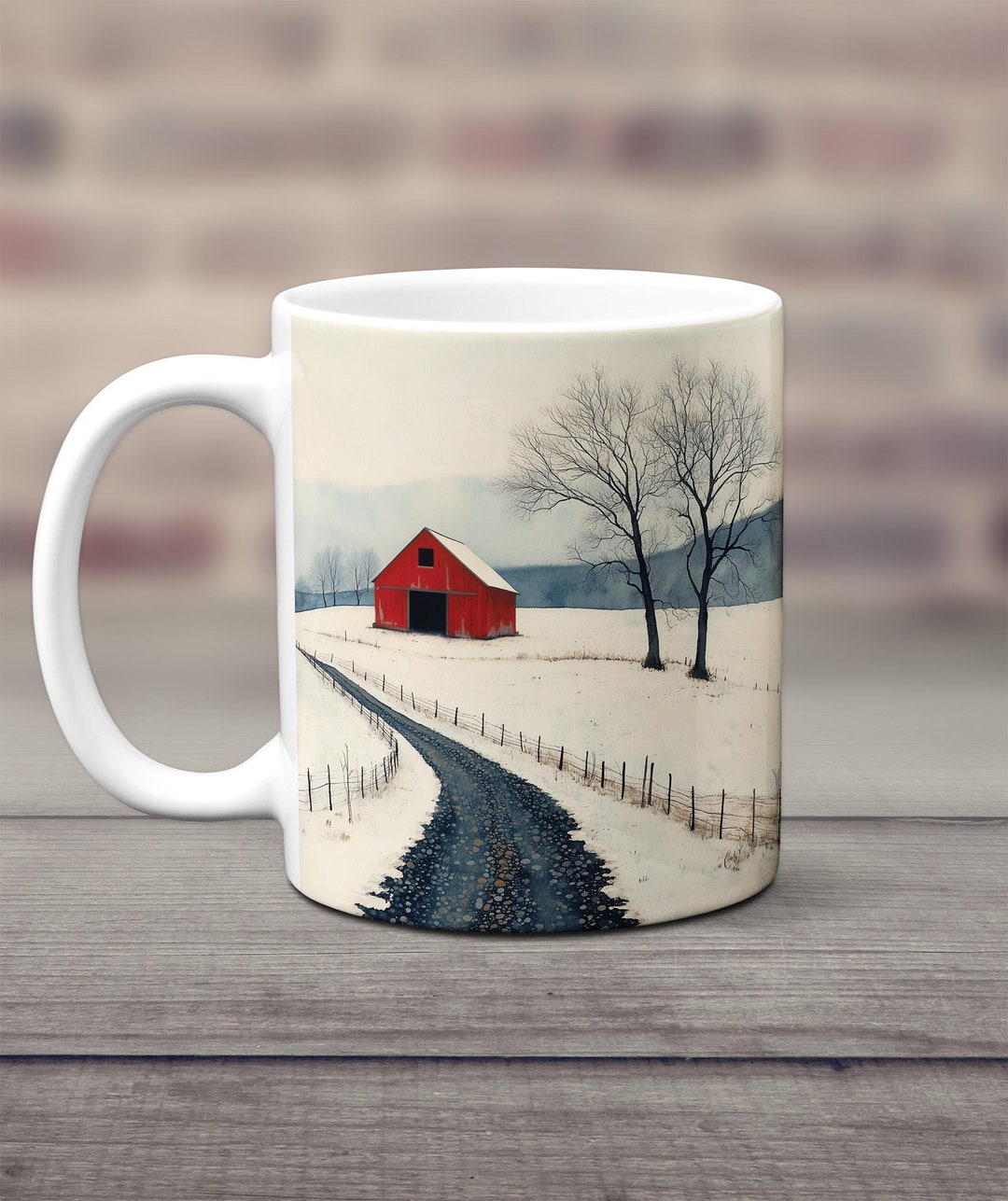 Rustic Winter Mug, Red Barn Farm Coffee Cup, Snowy Farm Scene ...