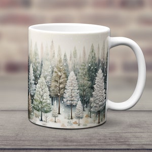 Winter Trees Mug, Pine Trees Ceramic Mug, Winter Evergreen Forest Cup ...