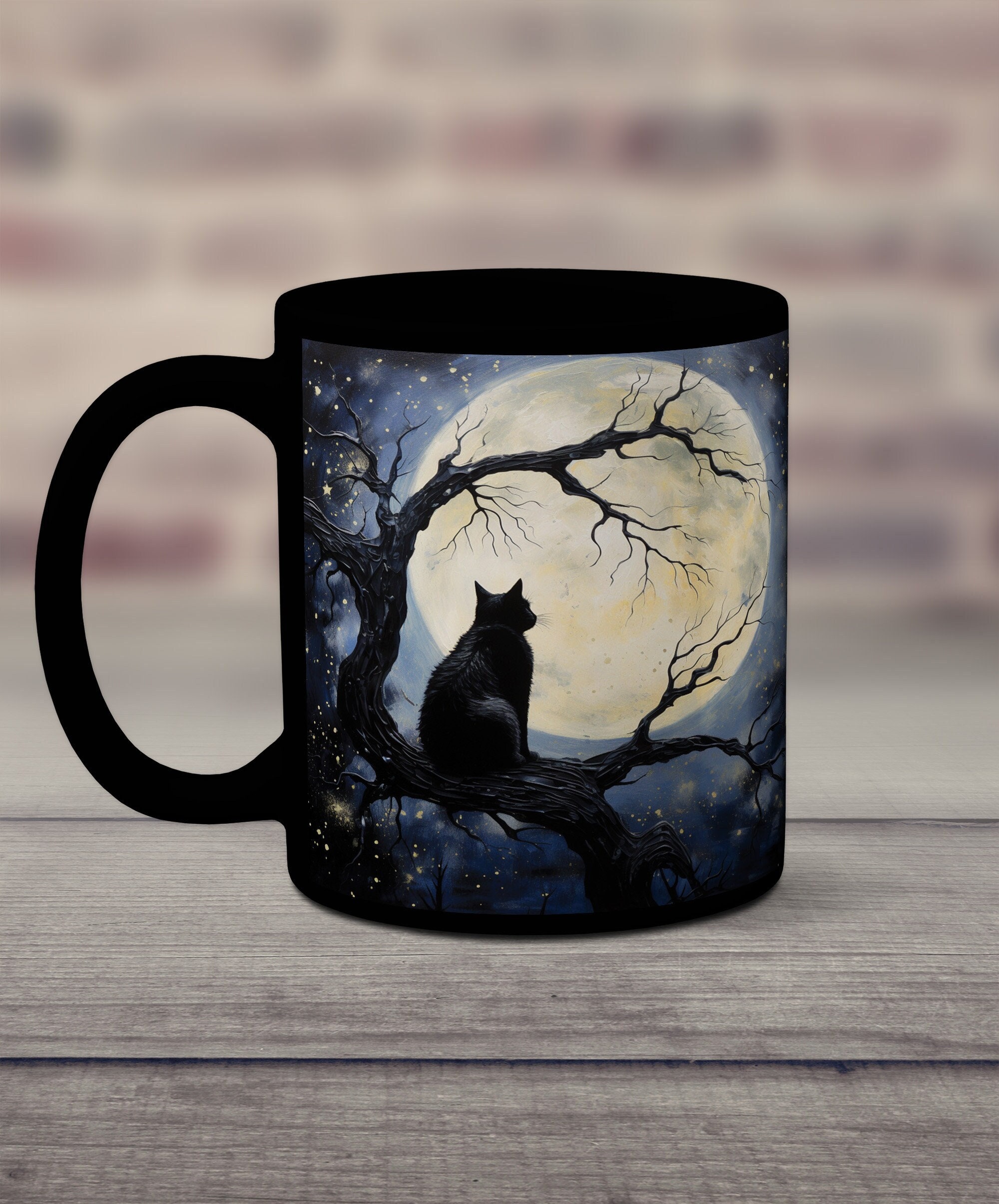 Cat Moon Ceramic Mug, Black Cat Full Moon Coffee Mug, Celestial Cat ...