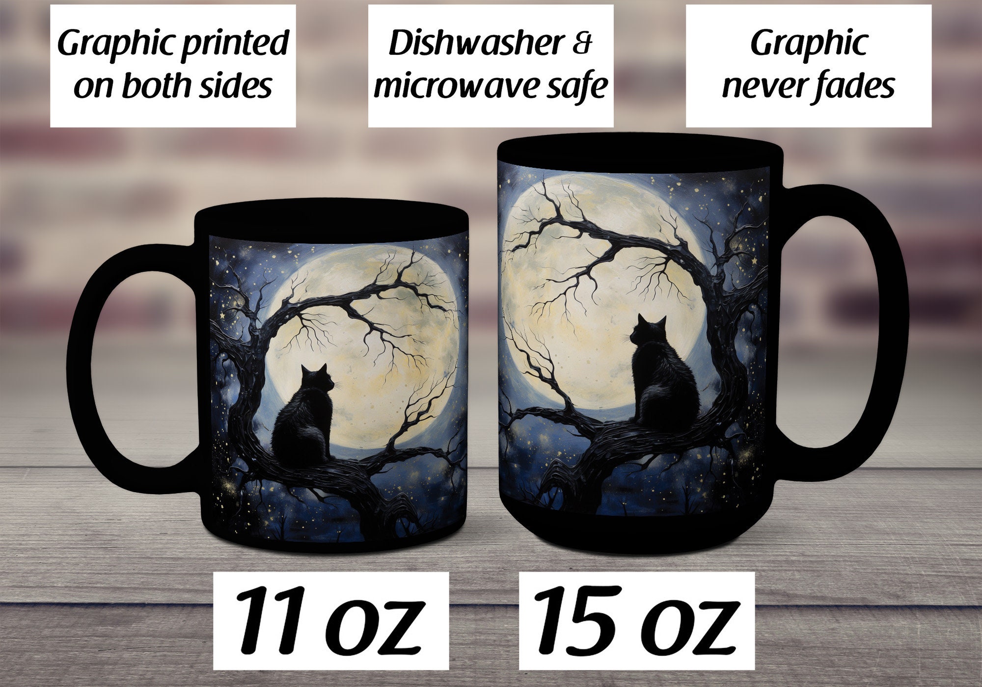 Cat Moon Ceramic Mug, Black Cat Full Moon Coffee Mug, Celestial Cat ...