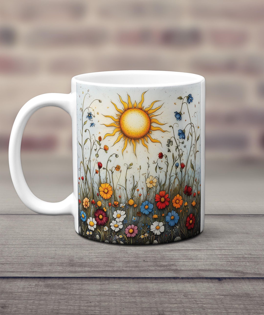 Sun Mug, Ceramic Mug With Vibrant Wildflowers, Radiant Sun Design ...