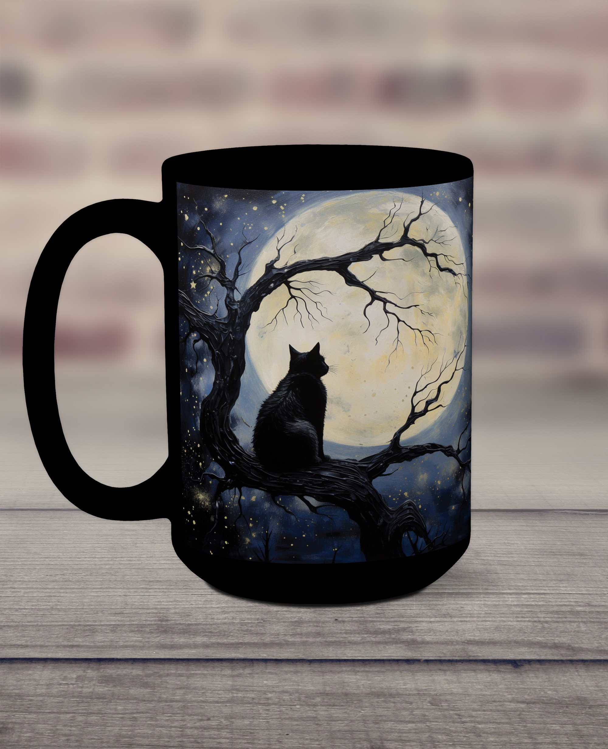 Cat Moon Ceramic Mug, Black Cat Full Moon Coffee Mug, Celestial Cat ...
