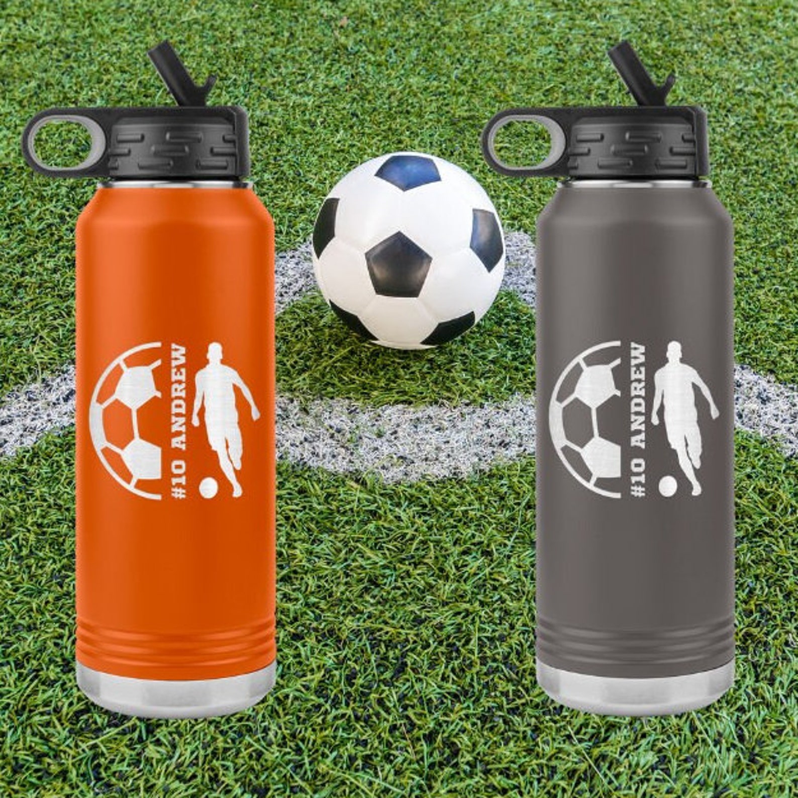 Soccer Water Bottle Personalized With Name and Number, 32 Ounce, Boys ...