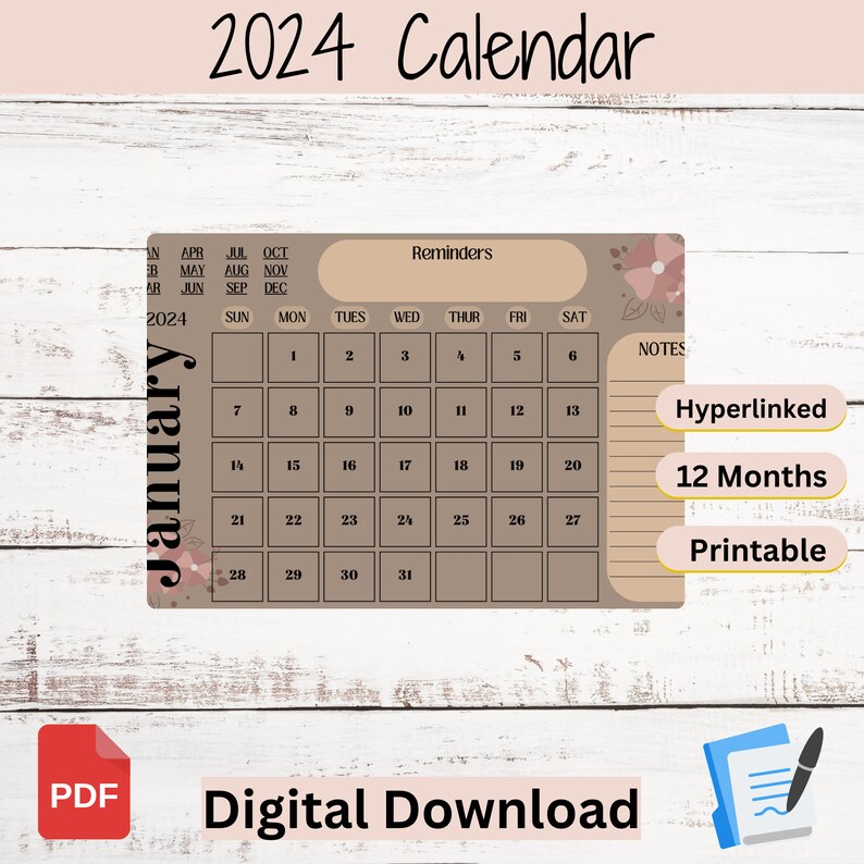 2024 Hyperlinked Calendar, 2024 Printable Calendar, 2024 Digital ...