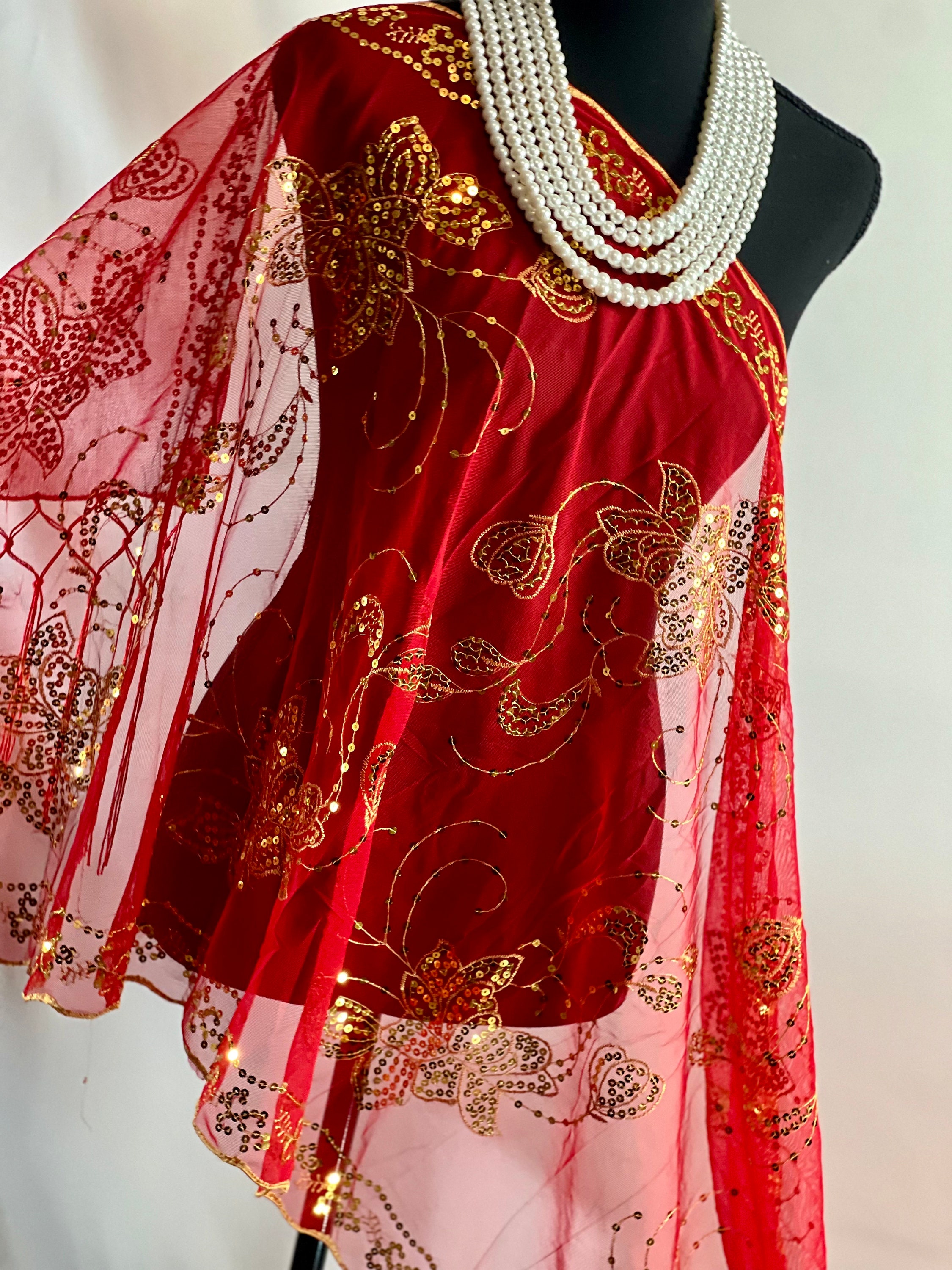 Red Gold Lace Sequin Scarf: Floral Embroidered Wedding Shawl - Etsy