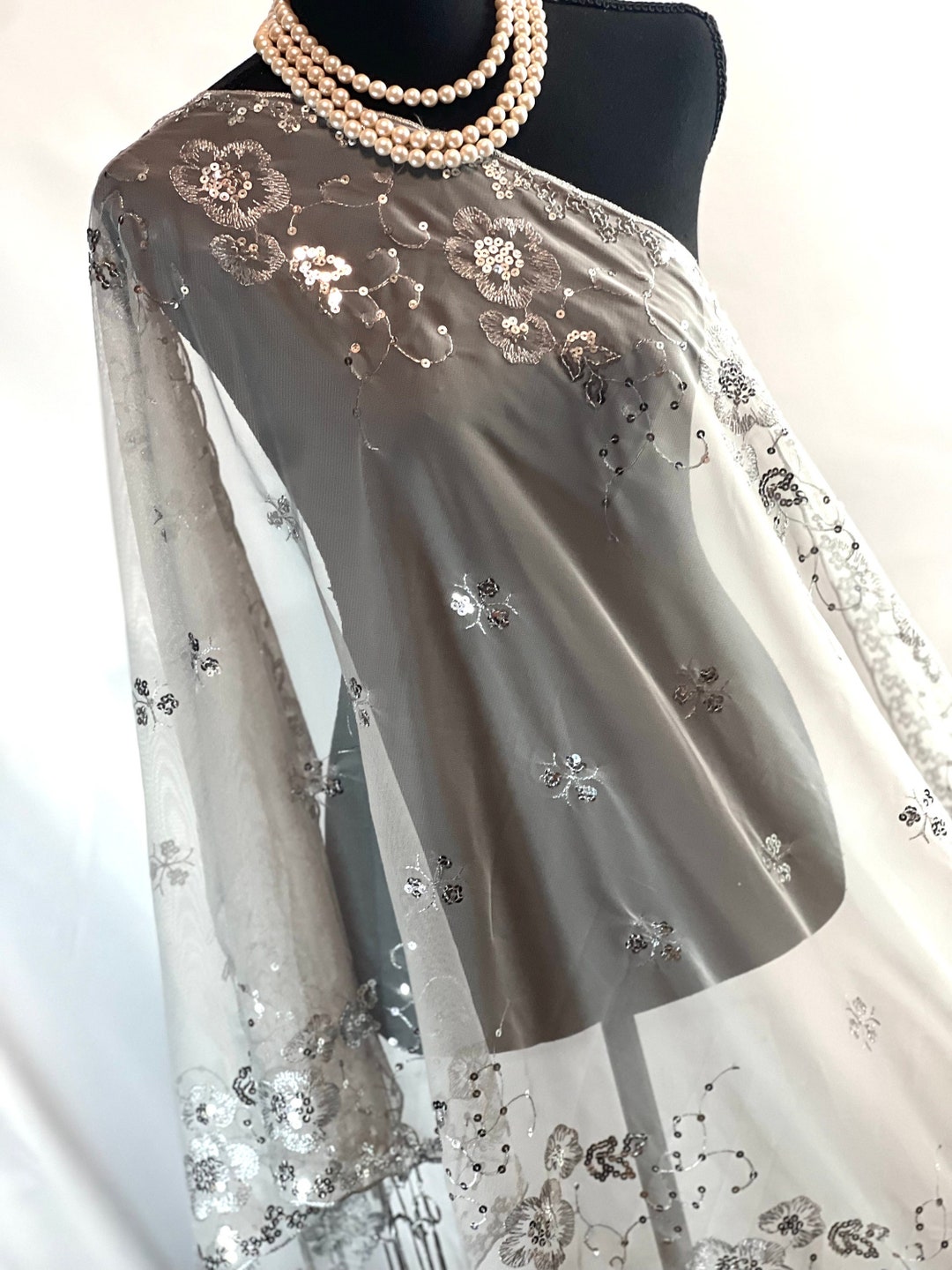 Silver Gray Scarf Lace Embroidery Sequin Scarf Shawl Fringe Tassel ...