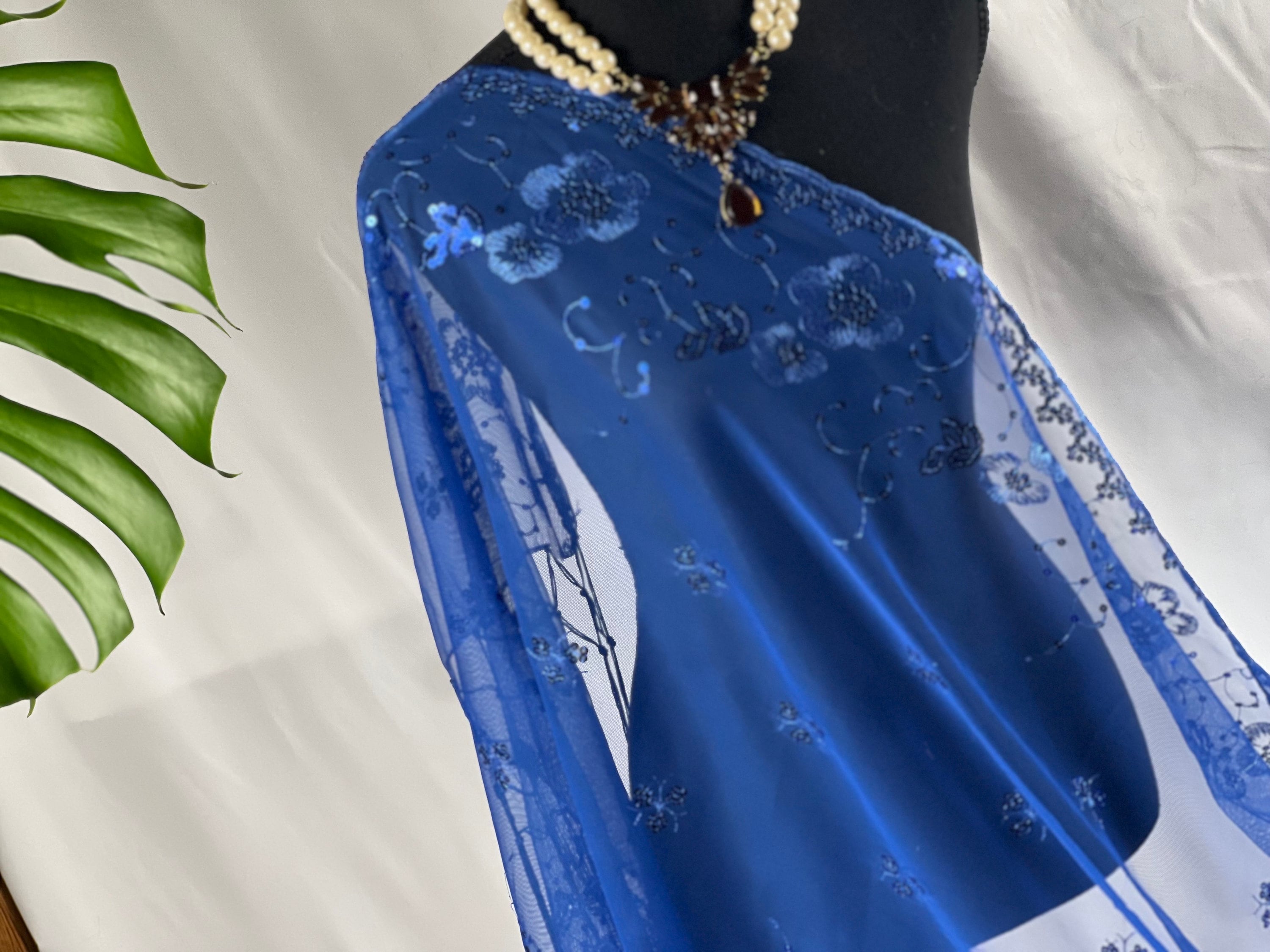 Royal Blue Scarf Elegant Floral Royal Blue Lace Embroidery Sequin Scarf ...