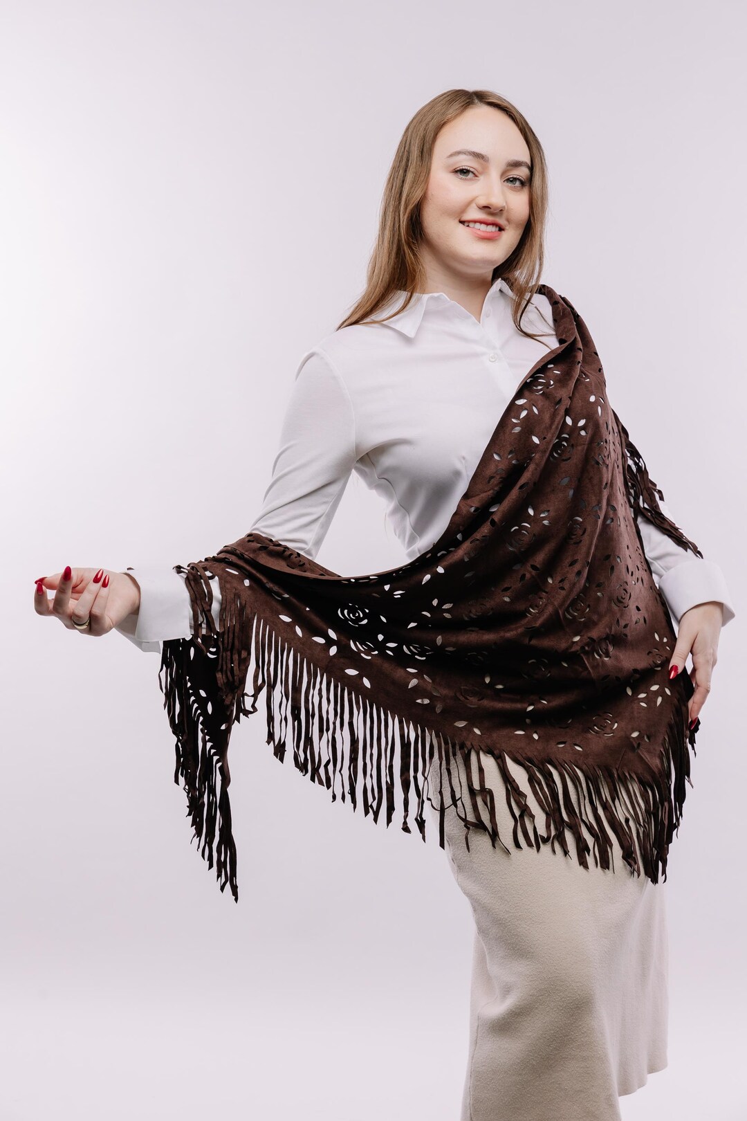Brown Fringe Triangle Shawl: Laser-cut Floral Western Scarf - Etsy