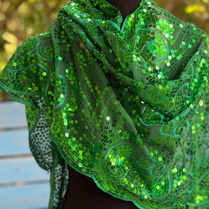 Green Sparkle FLORAL Sequin Scarf Shawl Fringe Tassel - Etsy