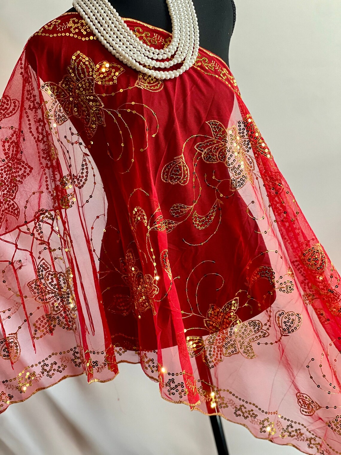 Red Gold Lace Sequin Scarf: Floral Embroidered Wedding Shawl - Etsy