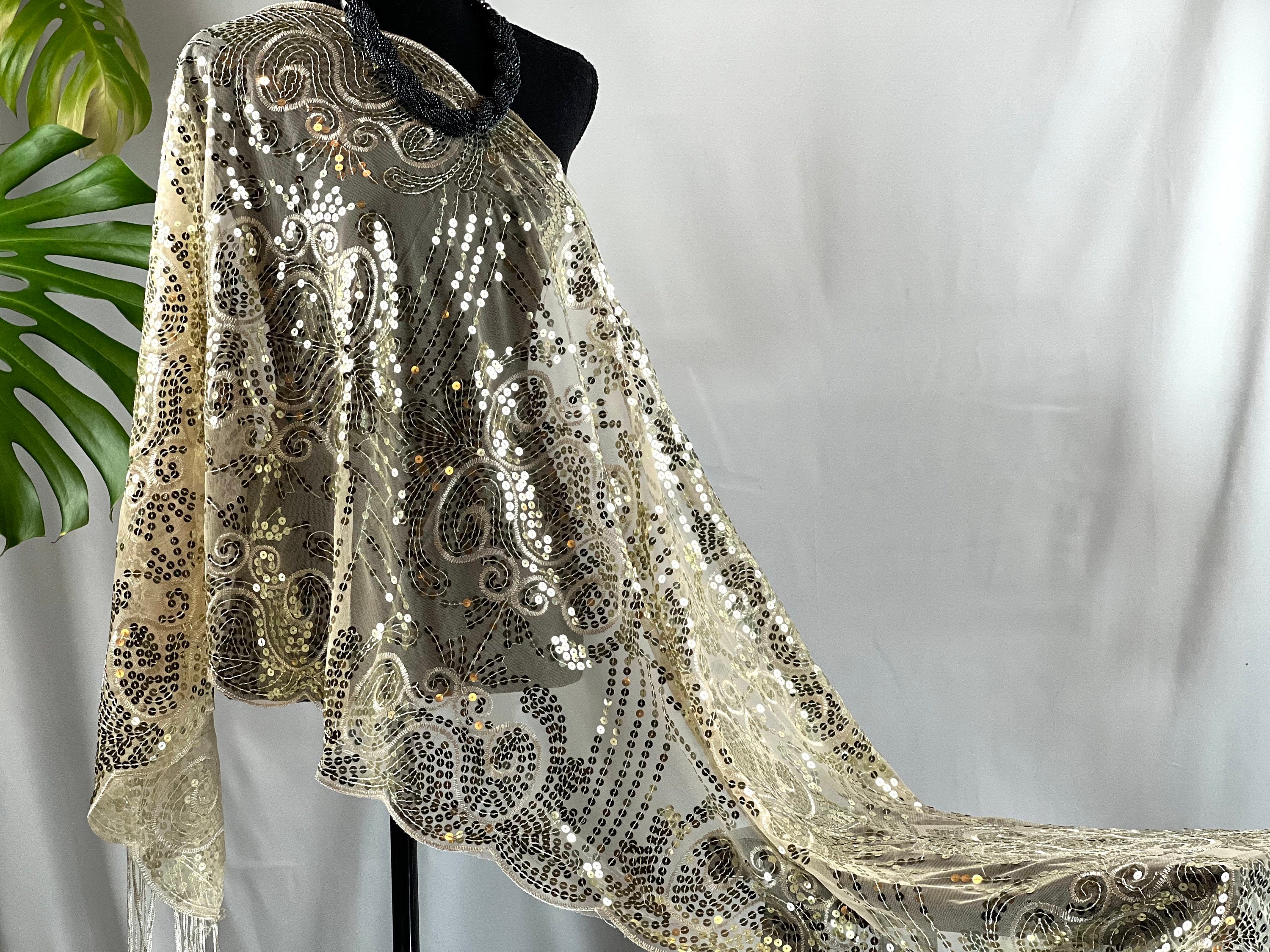 Sparkle Light Yellow Lace Embroidery Sequin Scarf Shawl Fringe Tassel ...