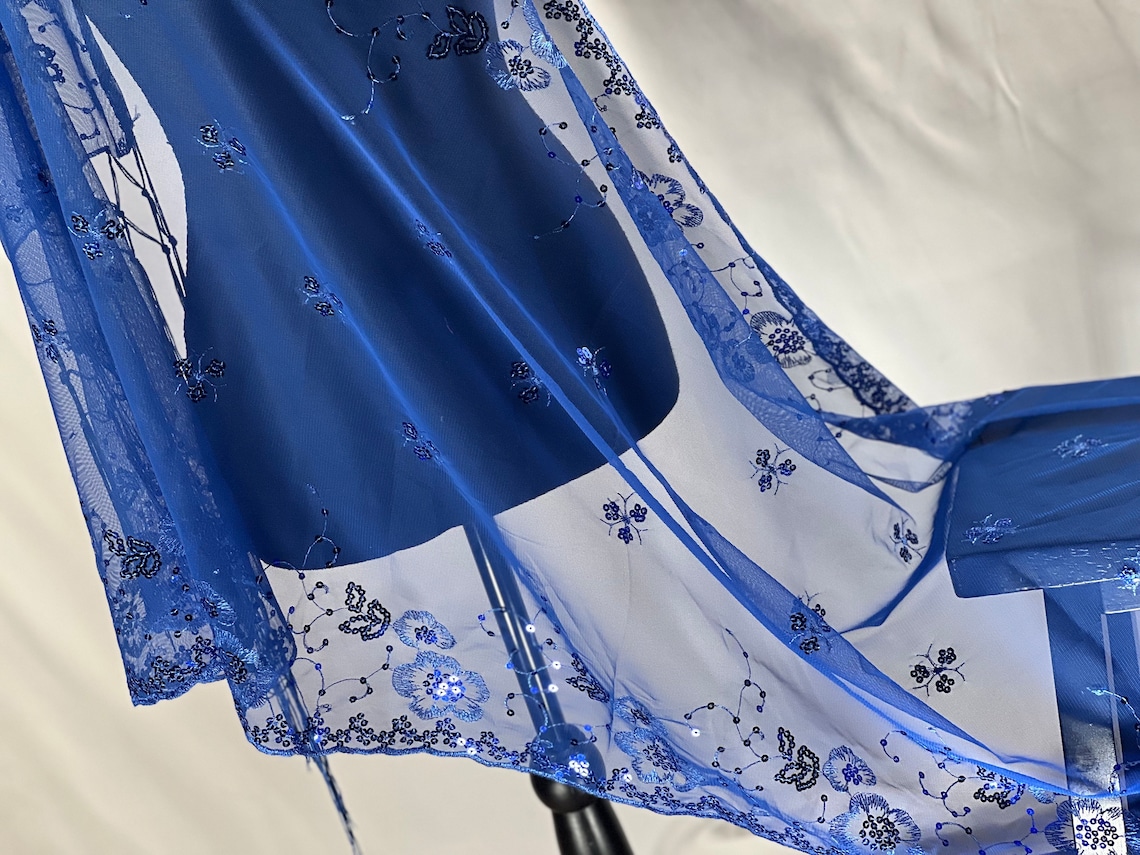 Royal Blue Sequin Lace Scarf: Embroidered Floral Wedding Shawl - Etsy