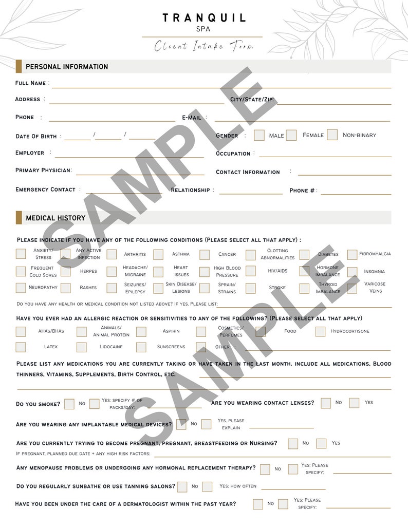 Spa Esthetician Client Intake Form Template, Minimalist Health History ...