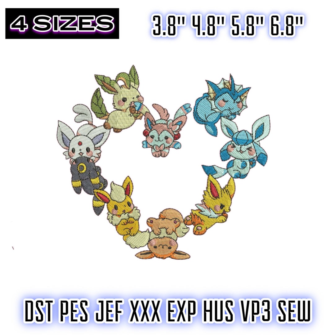 Cute Poke Evolution Friends Heart Embroidery File PES Digital Download ...