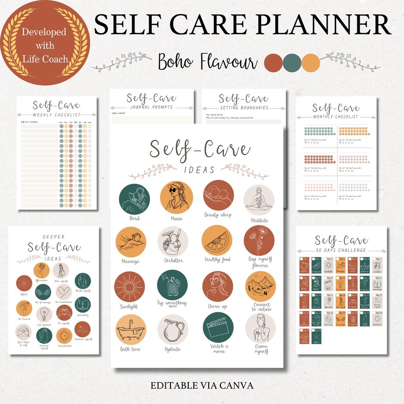 Self Care Planner | Self Care Checklist Bundle | Editable Self-care ...